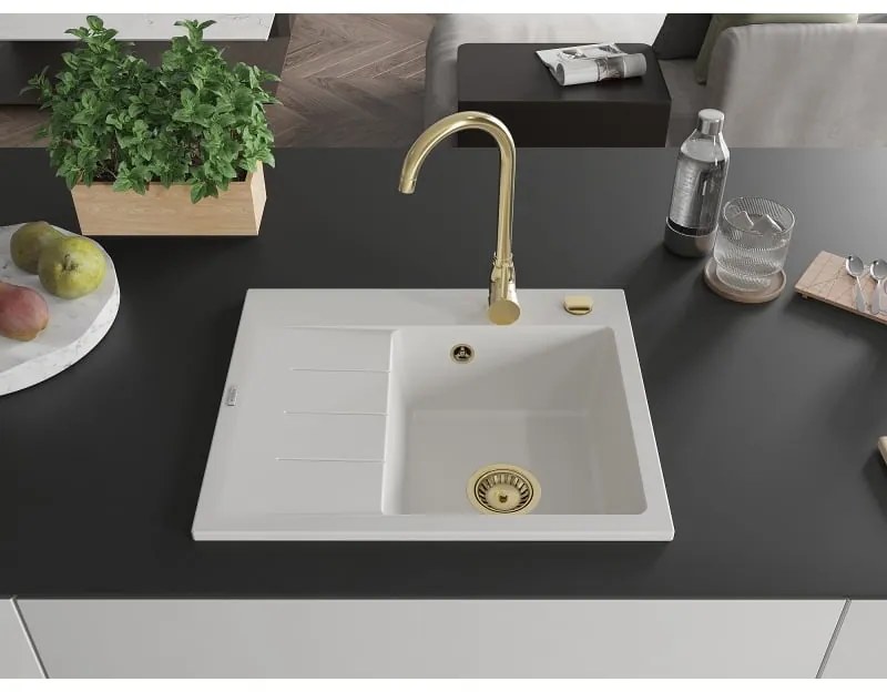 Mexen Ben, 1-komorový granitový dřez 600x500x190 mm, pravý + zlatý sifon, bílá, 6523605000-20-G
