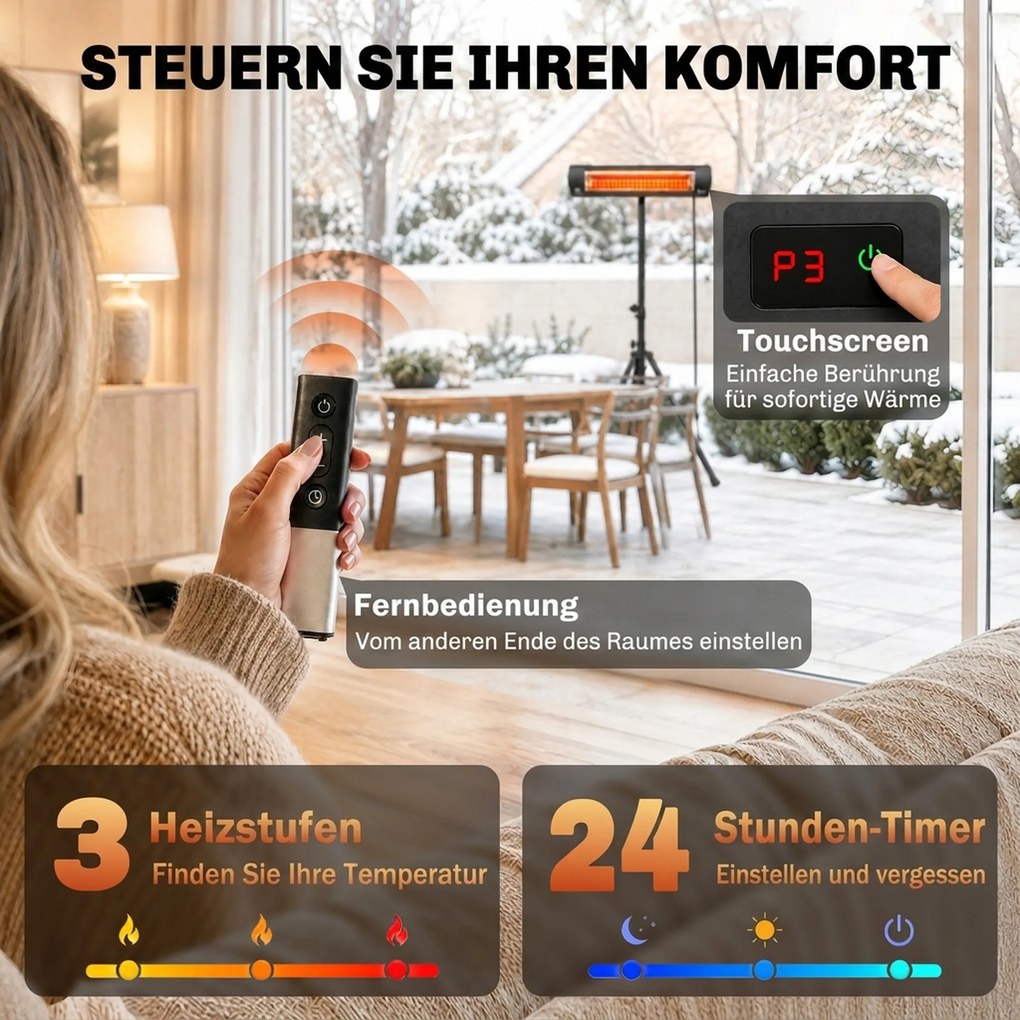 Outsunny Infračervený topný radiátor 2500 W terasový topič s dotykovým ovládáním a dálkovým ovládáním, 3 stupně výkonu, výškově nastavitelný stojan