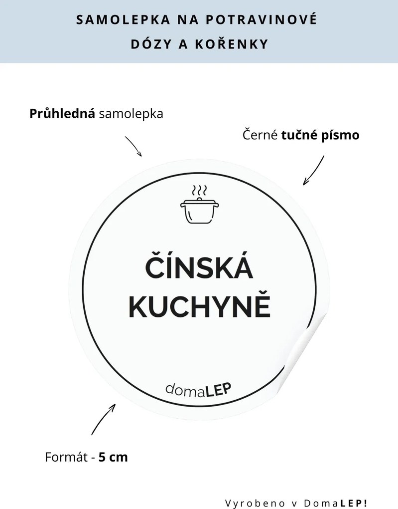 Samolepka na kořenky ČÍNSKÁ KUCHYNĚ průhledná 5 cm tučné písmo