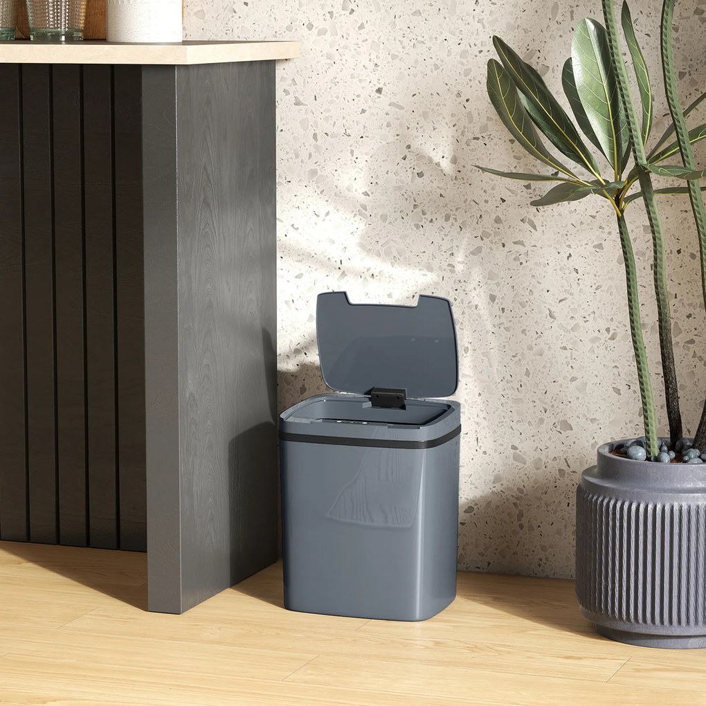 HOMCOM Senzorový odpadkový koš 15 L, automatický koš se dvěma způsoby otevírání, do kanceláře, kuchyně, 27,6 x 21,4 x 33,5 cm, šedý