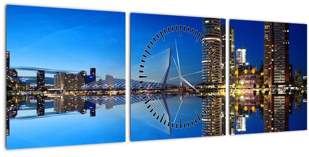 Obraz - noční Rotterdam (s hodinami) (90x30 cm)