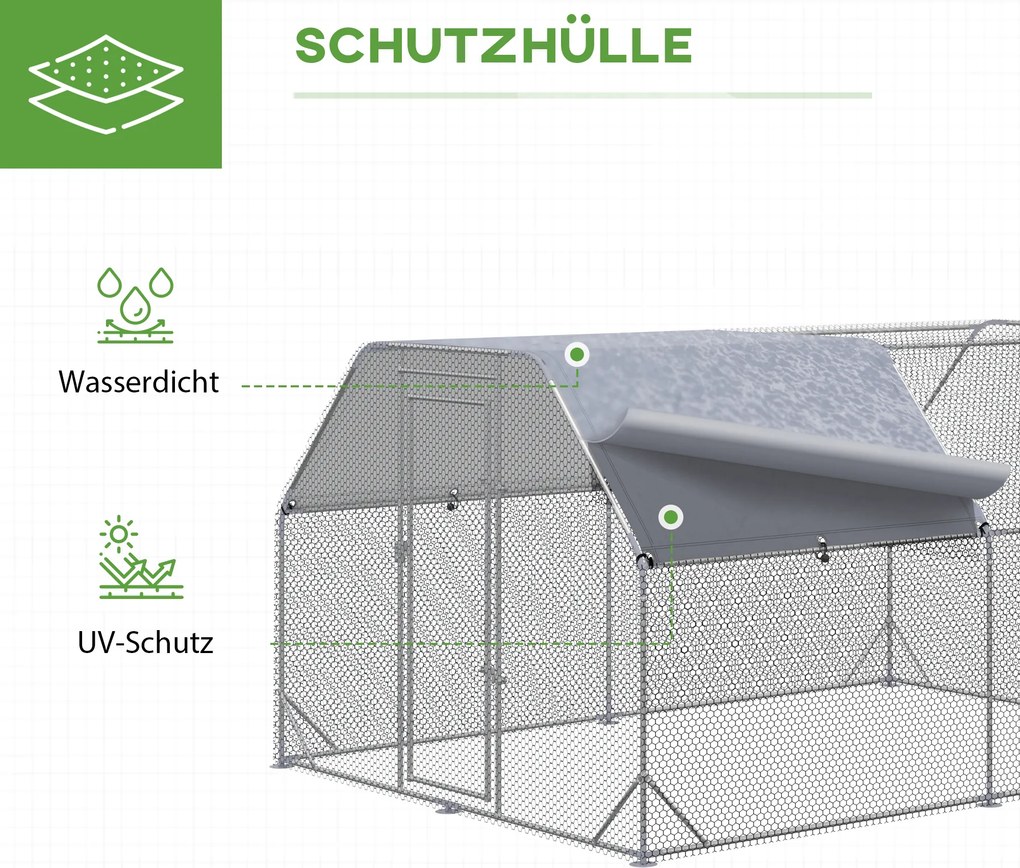 PawHut kurník pro volný výběh pro 10-12 kuřat s dvířky a střechou s vodoodpudivou ochranou proti slunci, Oxford/stříbrná 280x380x195cm