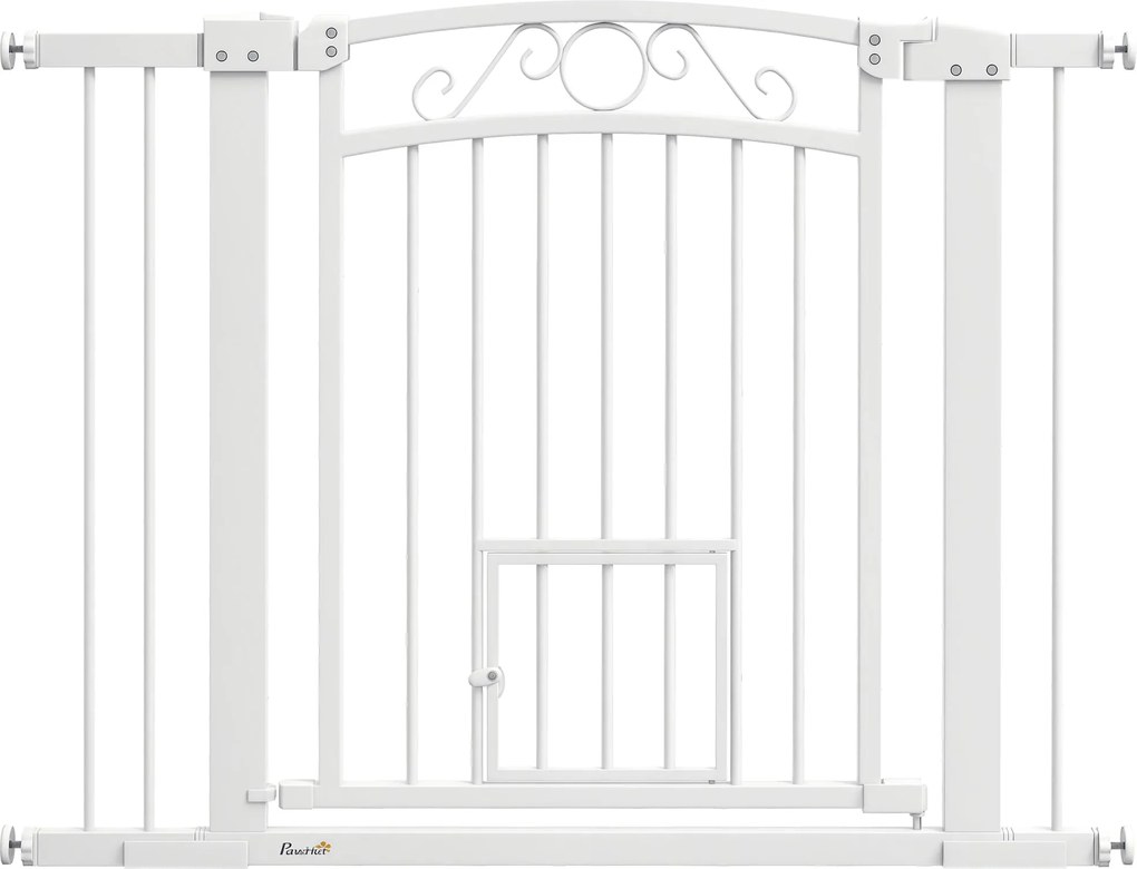 PawHut Indoor Dog Safety Gate, Dveře pro psy s 2 prodlouženími 76-104 cm a kočičími dvířky, Výška pet brány 77 cm, pro chodby a schody, Bílá | Aosom