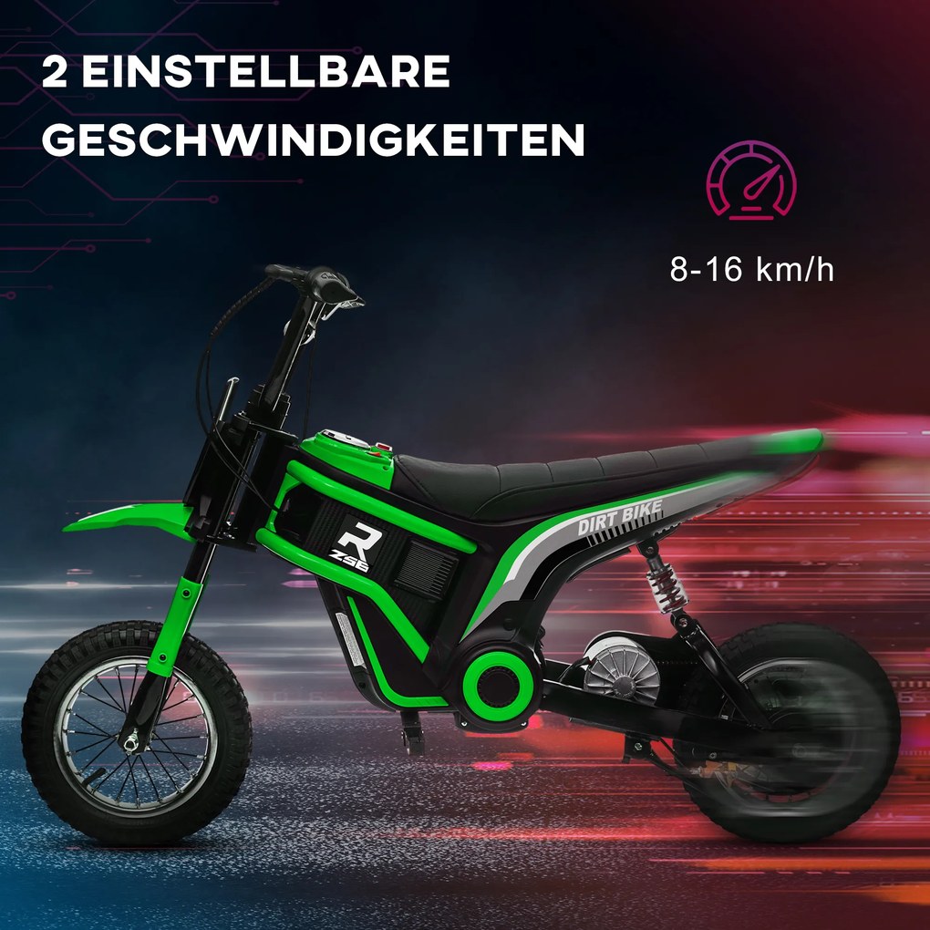 HOMCOM Dětská elektrická motorka 12V s klaksonem a světlem, 8-16 km/h, otočný plyn, pro děti 8-12 let, zelená | Aosom.de