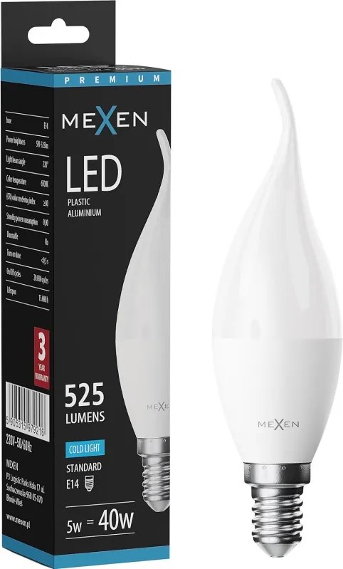 Mexen Nova, LED žárovka plamen E14, C37, 5W, Neutrální - 4000K, 525 lm - L106-E14-0540-01