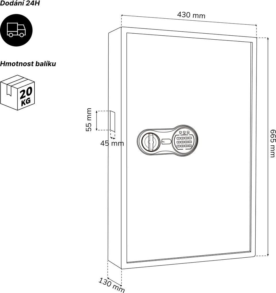 Skříňka na klíče elektronická s vhozem a kódovým zámkem, na 133 klíčů, 430x665x130 mm: BRUCE