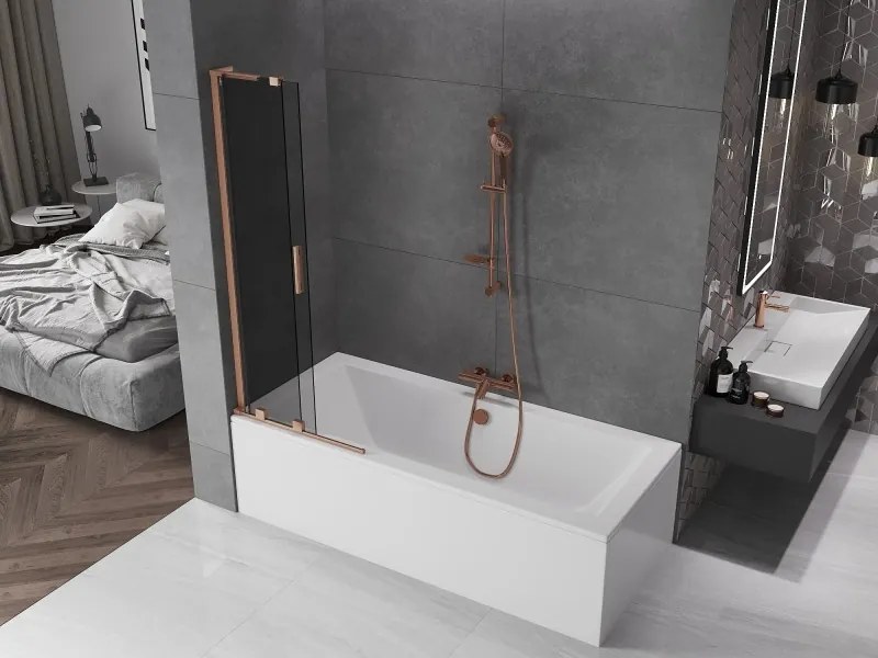Mexen Velar L, 2-křídlová posuvná vanová zástěna 70 x 150 cm, 8mm šedé sklo, měděná matná, 896-070-003-41-65