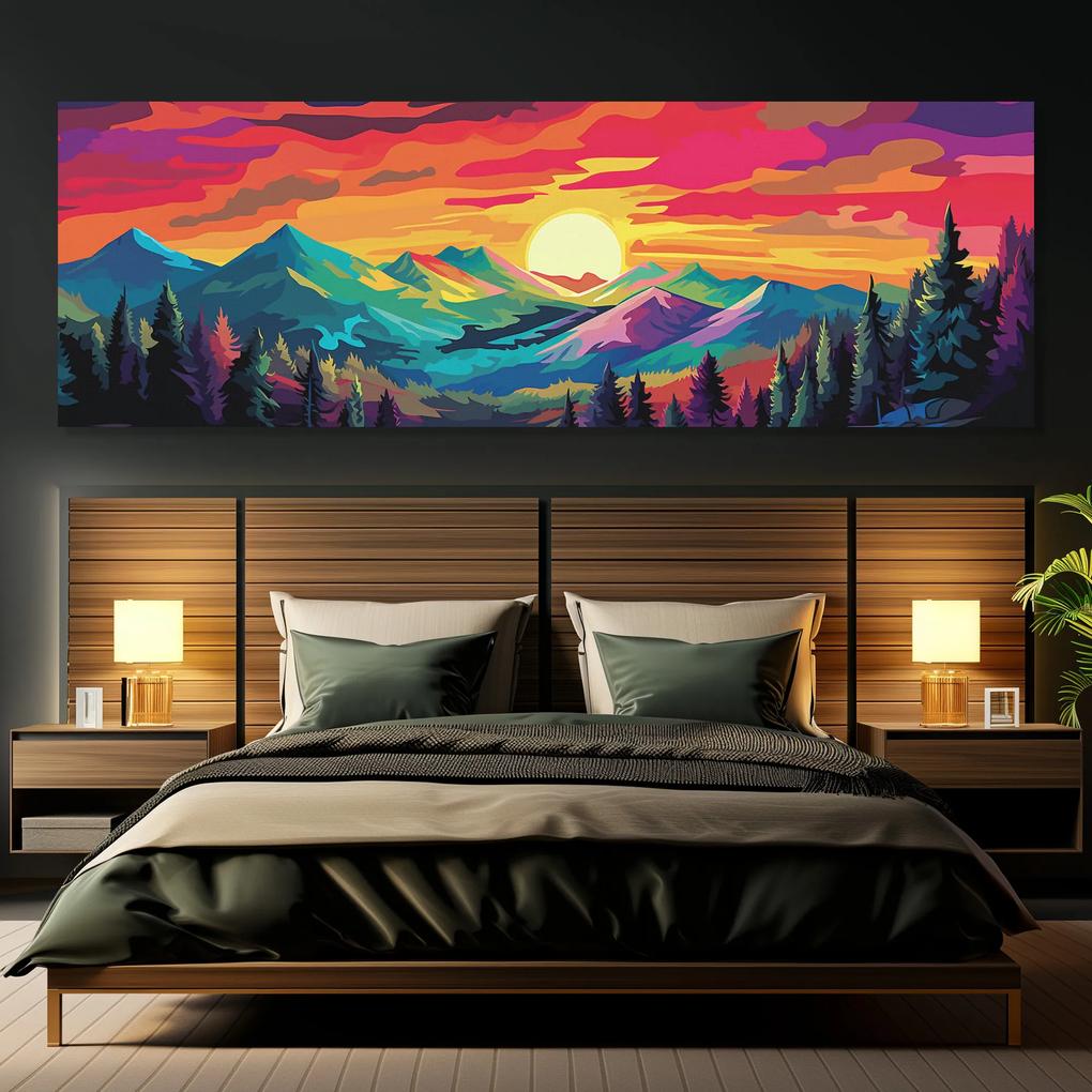Obraz na plátně - Západ slunce nad horami Pop Art FeelHappy.cz Velikost obrazu: 90 x 30 cm