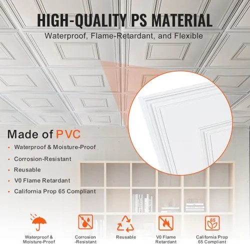 Stropní dlaždice 12-balení 24 × 24 V PVC Snadná instalace Bílá geometrická