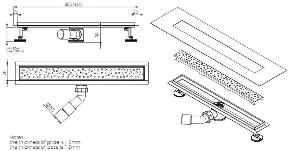 Aqualine BUCANERA nerezový podlahový žlab s roštem, L-900, DN50 NO3190