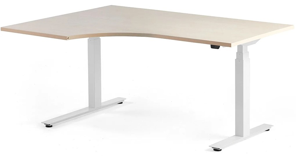 AJ Produkty Výškově nastavitelný stůl MODULUS, rohový, 1600x1200 mm, bílý rám, bříza