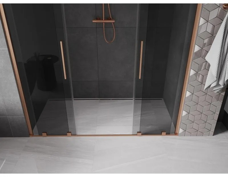 Mexen Velar Duo, posuvné sprchové dveře do otvoru 170 cm, 8mm šedé sklo, měděná matná, 871-170-000-42-65