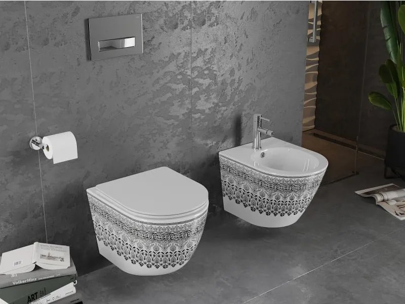 Mexen Lena WC mísa Rimless s pomalu padací deskou slim, duroplast, bílá/černý vzor - 30224095