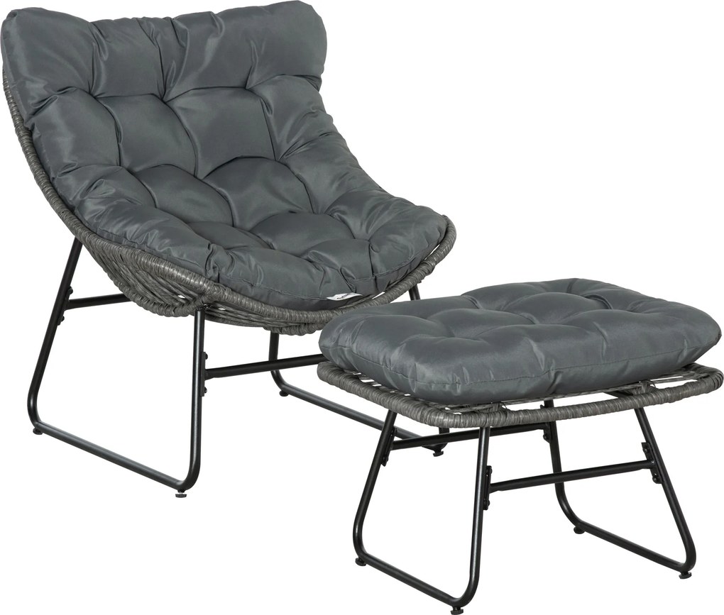 Outsunny ratanové relaxační křeslo s podnožkou zahradní křeslo venkovní ratanové křeslo s polštářem, ocel a polyester, šedé 69x76x70 cm pro zahradu a…