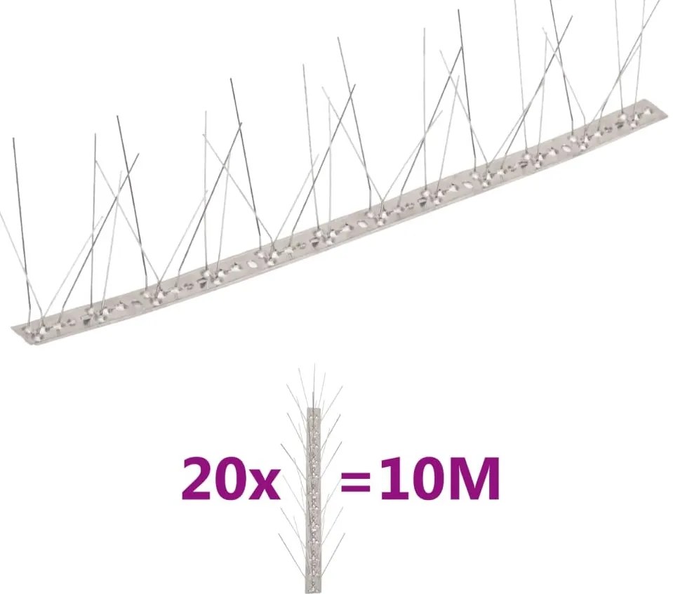 vidaXL 5řadové nerezové hroty proti ptákům a holubům sada 20 ks 10 m [149133]