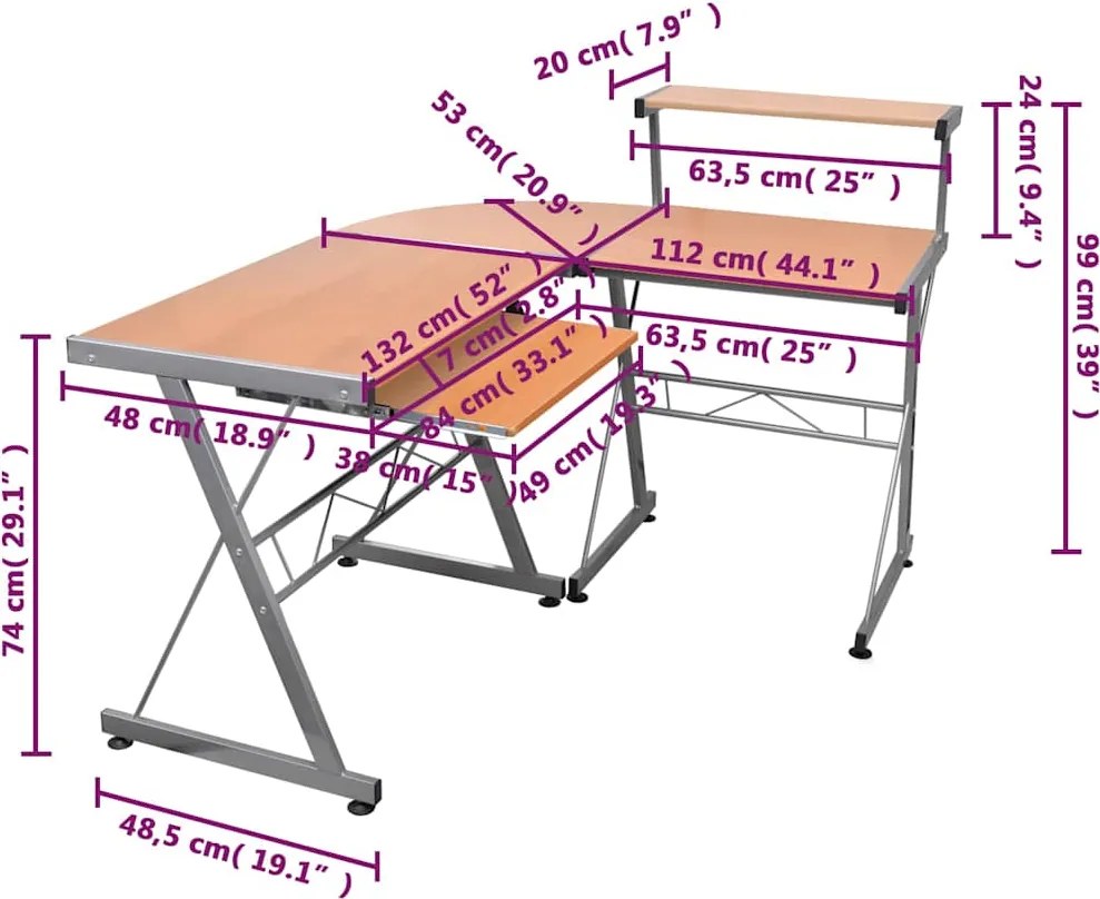 Rohový počítačový stůl Hnědý 132 x 112 x 99 cm kompozitní dřevo 20586