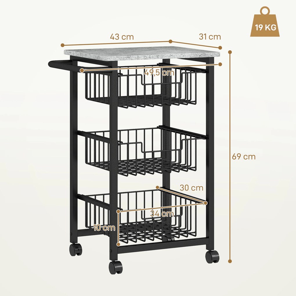 HOMCOM Kuchyňský vozík na zeleninu se 3 posuvnými koši a ocelovým rámem, pojízdný pomocný vozík do jídelny 49,5x31x69 cm Světle šedá