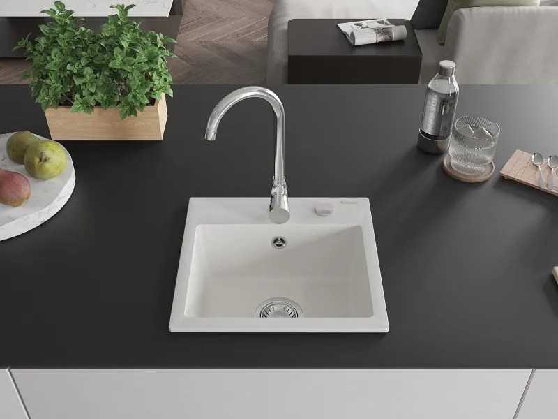 Mexen Milo granitový dřez 1-komorový 435 x 410 mm, bílý, sifon chrom - 6505441000-20