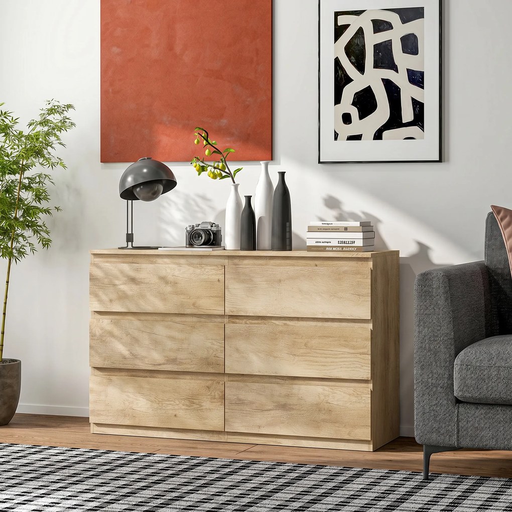 HOMCOM komoda 6 zásuvek úložný nábytek bez úchytek minimalistický design 120 x 39 x 75 cm dub