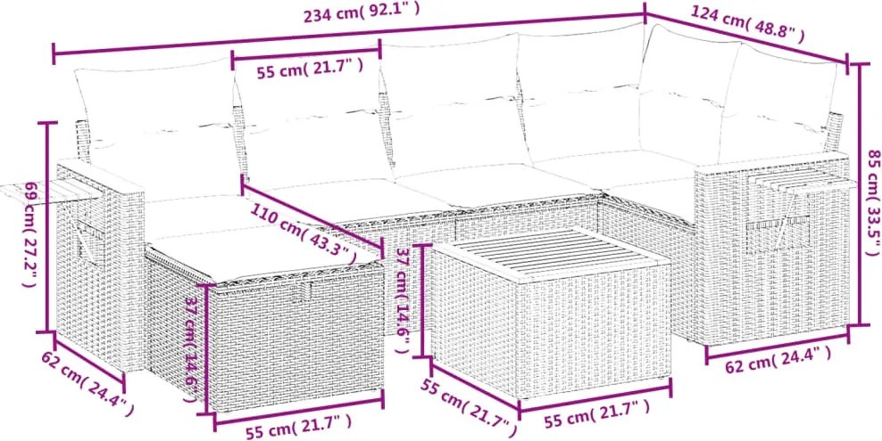 7dílná zahradní sedací souprava s poduškami béžová polyratan 3265524