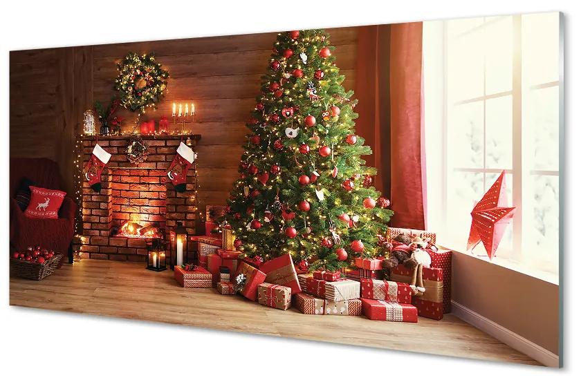 akrylový obraz Krbová dárky vánoční stromky 140x70cm