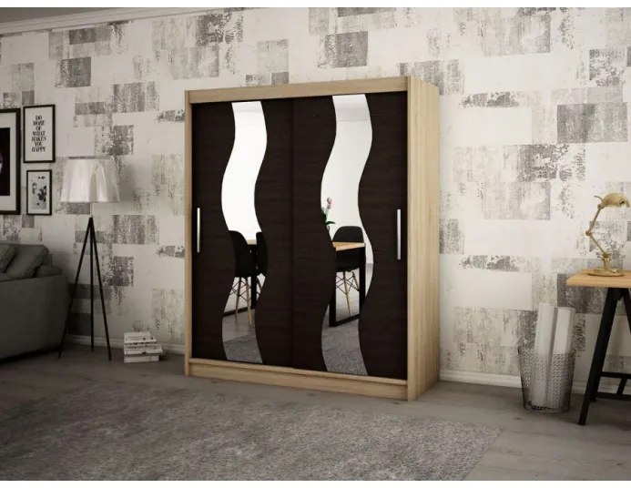 Elegantní šatní skříň s ozdobnými zrcadly na posuvných dveřích Jesika 200 v barvě dub sonoma-wenge