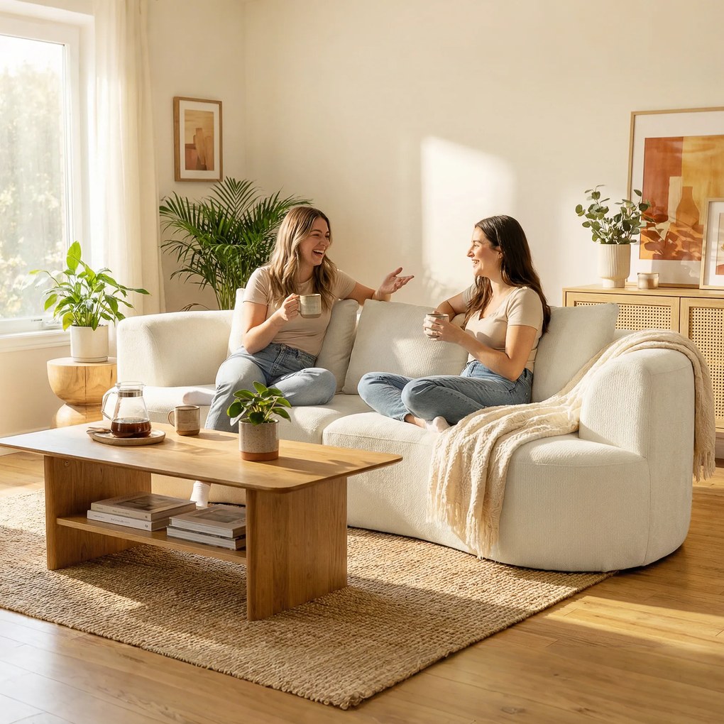 HOMCOM pohovka pro 3 osoby, 260 cm, chenille ‚cloud‘ sedačka s 3 bederními polštáři, širokými područkami a polstrovaným sedákem — krémová