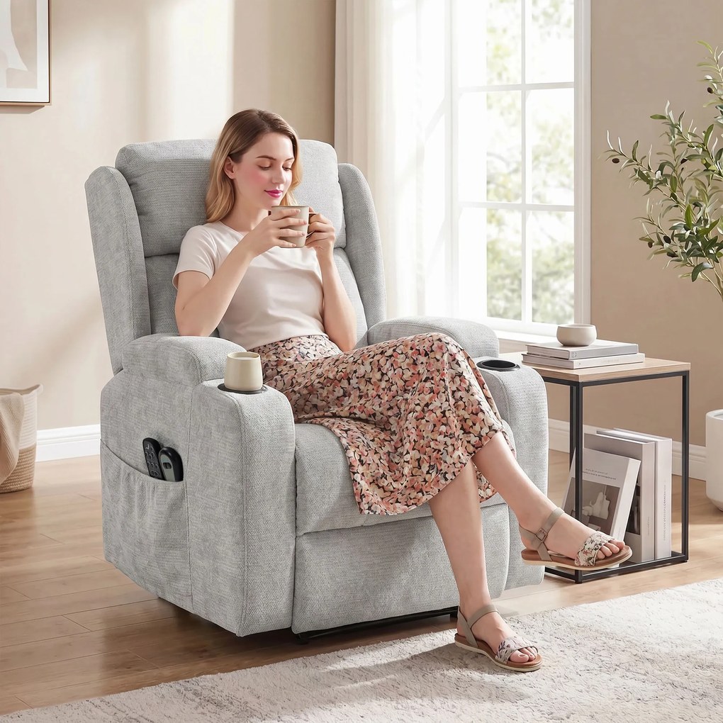 HOMCOM Elektrické křeslo s vybavením na vstávání s masáží a vytápěním, elektrické relaxační křeslo z chenillu, sklápěcí opěrka hlavy, světle šedá