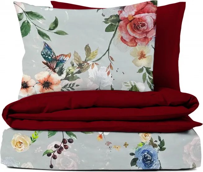 Ervi Bavlněné Saténové povlečení DELUXE DUO - Barevné květy na šedém/bordo