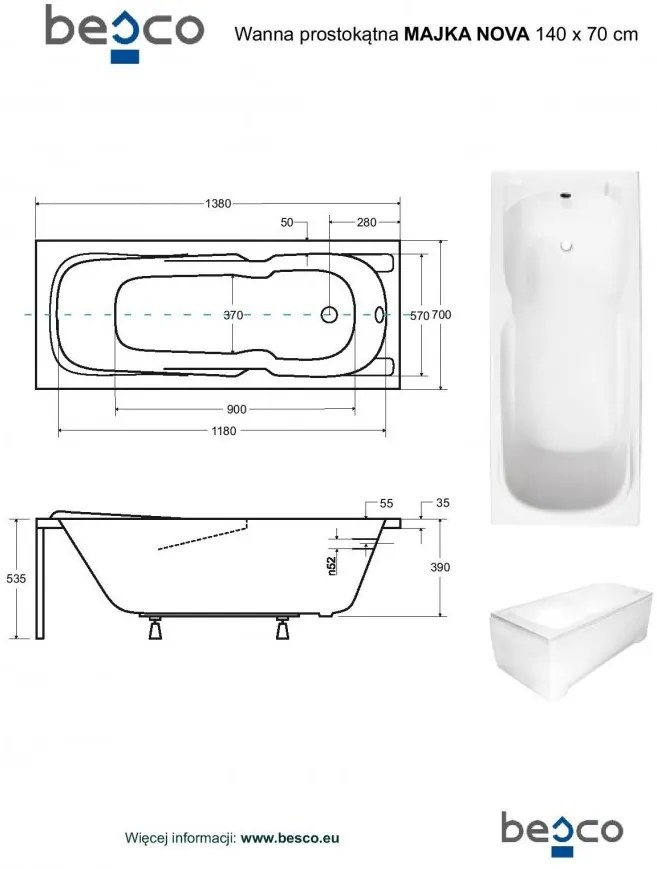 BESCO Obdélníková vana MAJKA NOVA Nožičky k vaně - Bez nožiček, Rozměr vany - 140 × 70 cm VANMAJN140