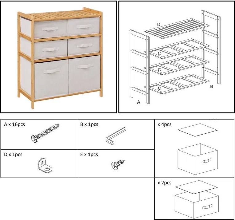 Bambusový regál TIDY s textilními košíky, výš, 78,5 cm