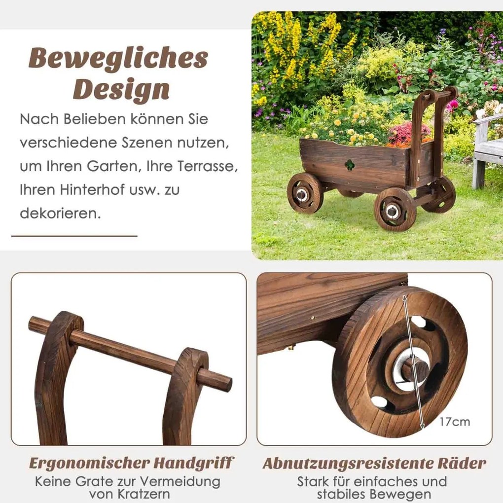 Costway Květinový vozík dřevěný květináč s kolečky – 68 × 38,5 × 53,5 cm, hnědý