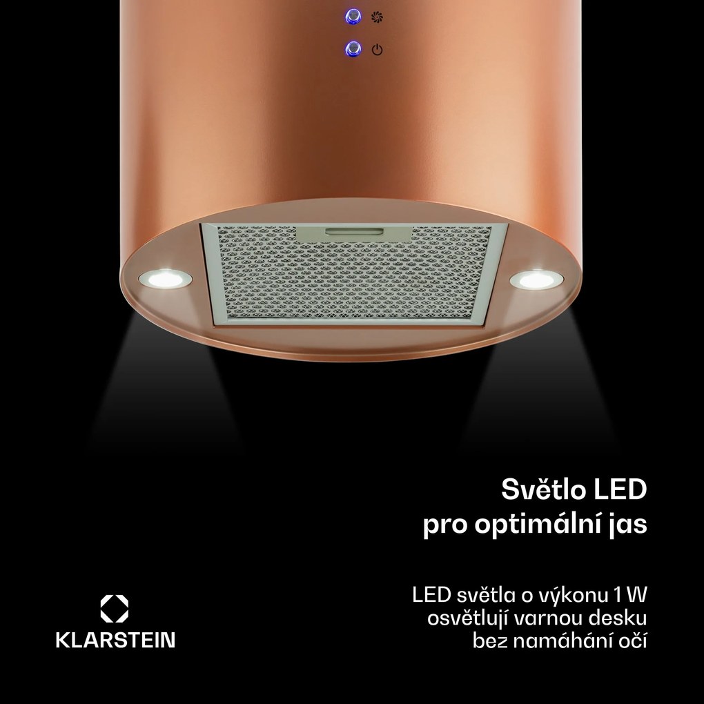 Klarstein Barett, digestoř, 35 cm, ostrůvková, 590 m³/h, LED, filtr s aktivním uhlím, měděná
