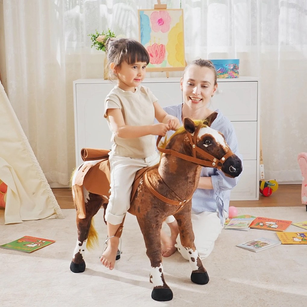 HOMCOM Jezdecký kůň na hraní pro děti se zvukem, plyšová hračka z kovu, hnědobílá barva, 85x28x60cm, ideální pro zábavu a hry |