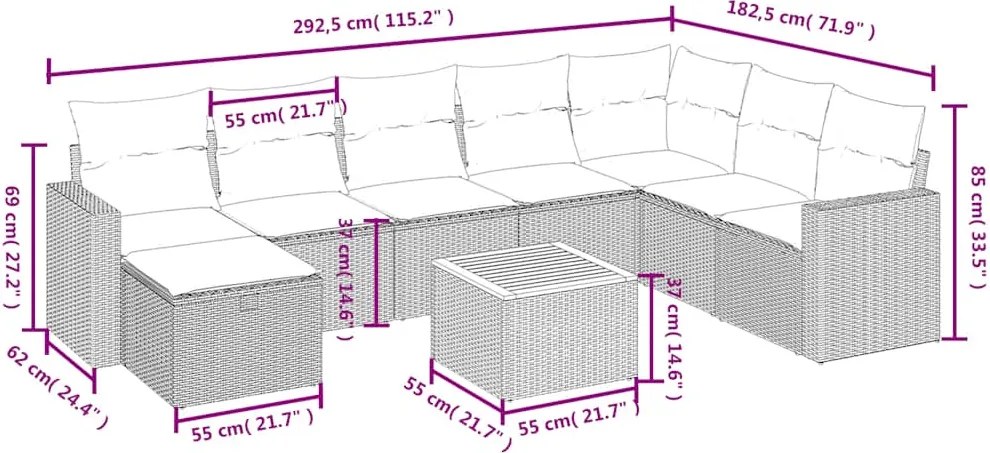 9dílná zahradní sedací souprava s poduškami černá polyratan 3264870