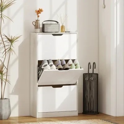 HOMCOM úzká botníková skříň s 3 klapacími dveřmi, botníková skříň do předsíně pro 18 párů bot, 62,5 x 26 x 117,5 cm, dub a bílá