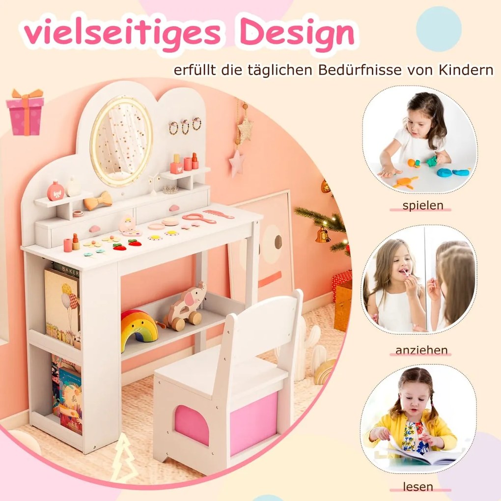 Costway Dětský toaletní stolek s osvětlením Sada toaletního a židlí Princess s 2