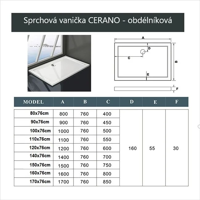 CERANO - Sprchová vanička z litého mramoru obdélníková Piato - bílá matná - 100x76 cm