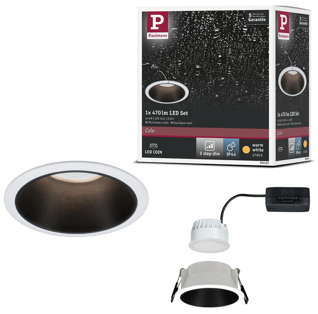 Paulmann 93401 LED Cole, bodovka v bílo-černé úpravě, 1x6,5W LED 2700K tříkrokové stmívání, prům. 8,8cm, IP44
