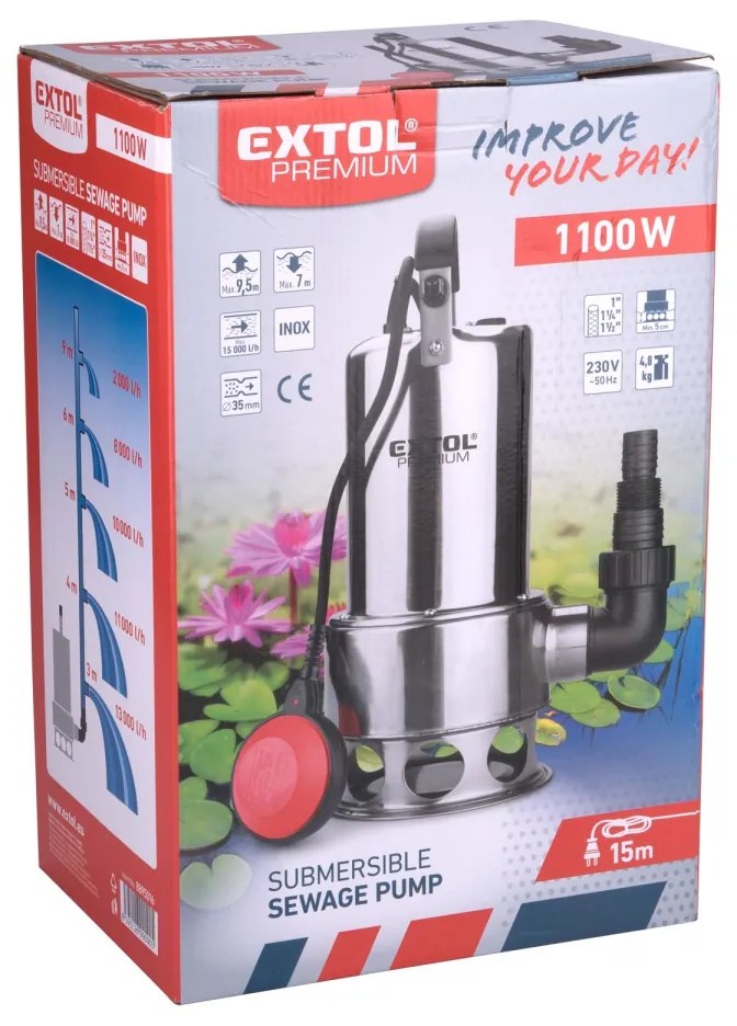 Kalové čerpadlo Extol Premium 1100W, 1600l/h, 15m kabel