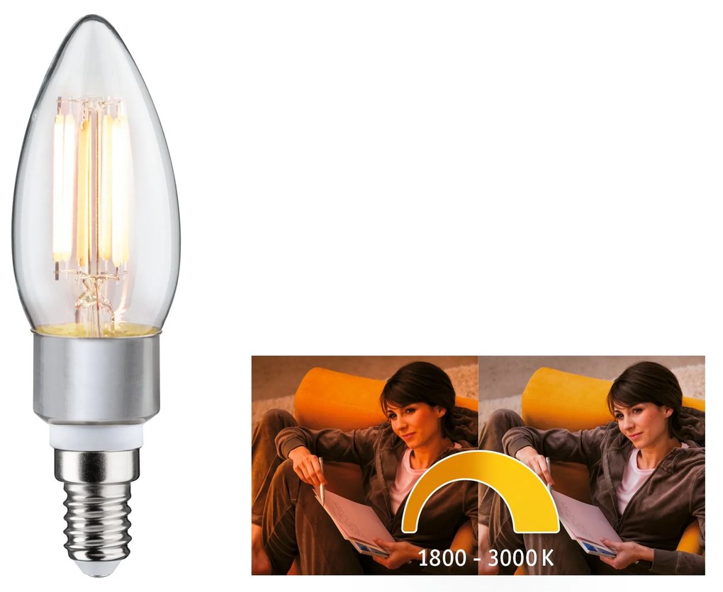 Paulmann 28777 LED žárovka Candle, 5W LED 1800 - 3000K dim-to-warm stmívatelná, výška 11,7cm