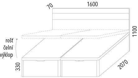 DOMESTAV s.r.o. Postel DREAMBOX-čalouněné čelo, čelní výklop 80/90/160/180x200 Materiál: Buk cink, Povrchová úprava: Barevné lakování, Specifikace: 90x200