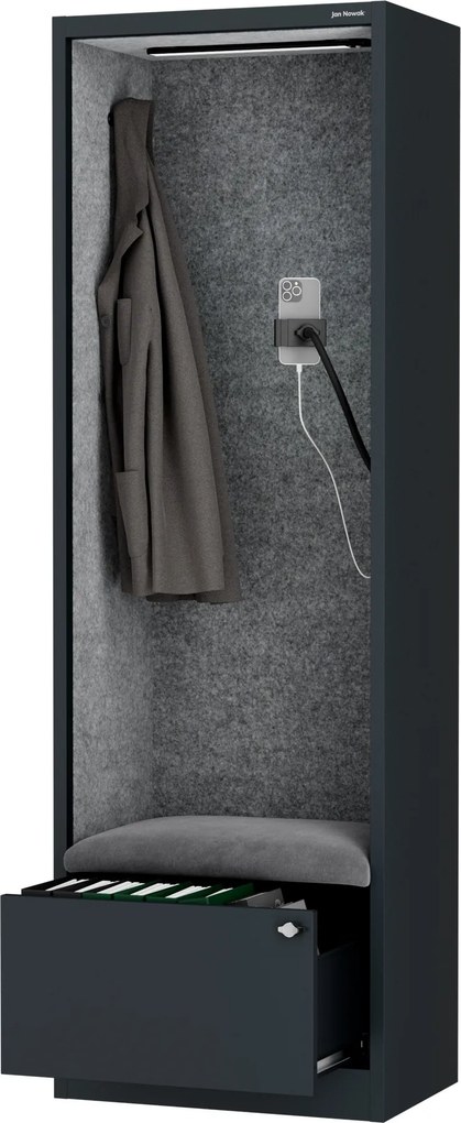 Kancelářská akustická kabina se sedátkem a USB-C portem, korpus antracitový / sedák šedá, 600 mm: SALLY MentalBox