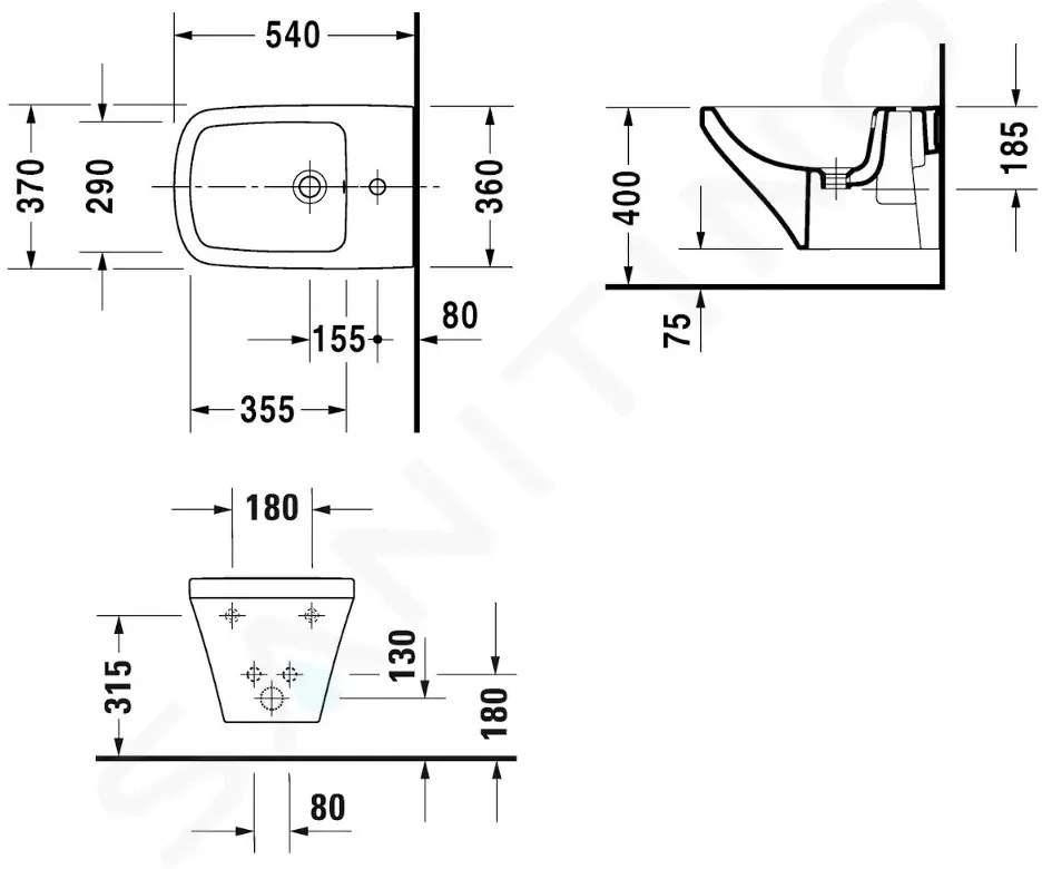 DURAVIT - DuraStyle Závěsný bidet, 370x540 mm, otvor pro baterii, bílá (2287150000)