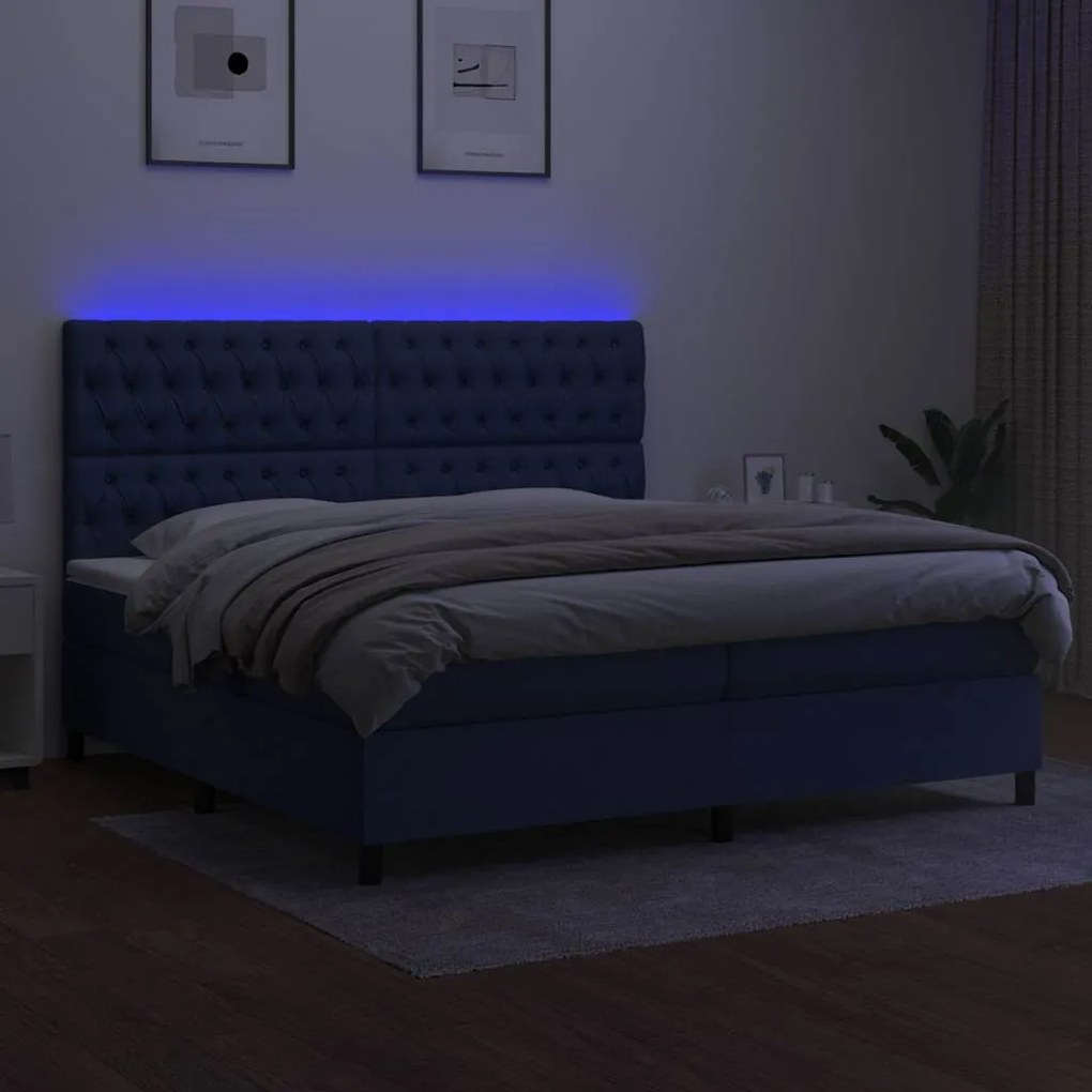 Box spring postel s matrací a LED modrá 200x200 cm textil 3135147