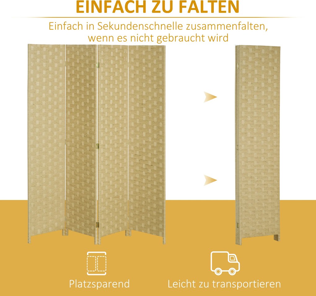 HOMCOM Dělicí stěna 4 panely 159,5x169,5 cm Skládací separator s dekorem z papírového provazu pro ložnici a obývací pokoj Hnědá