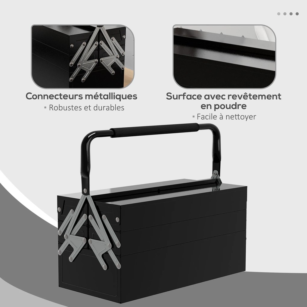 DURHAND kovový toolbox - Sada nářadí - 3 úrovně, 5 teleskopických přihrádek - Černý ocelový plech | Aosom