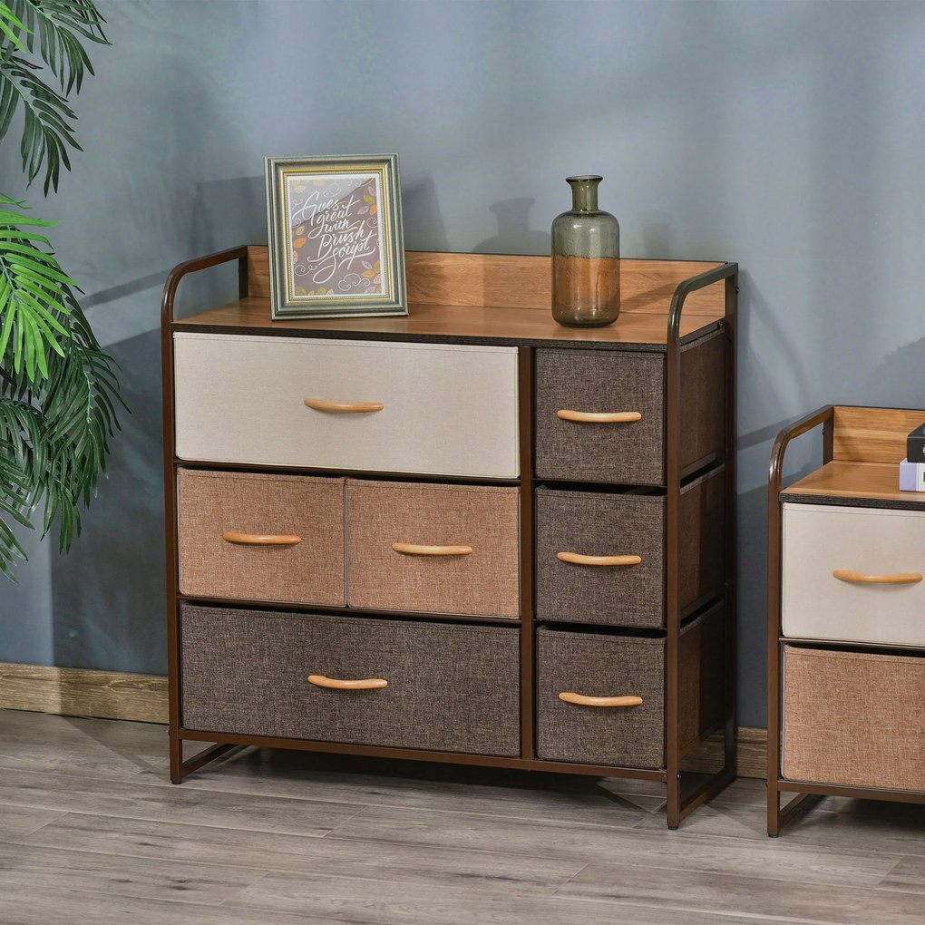 HOMCOM Textilní Komoda s 7 Skládacími Zásuvkami, Dřevěný Přední Panel a Kovový Rám pro Ložnici a Obývací Pokoj 80x29x78,5 cm
