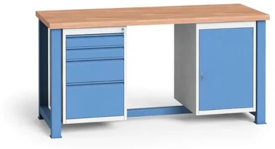 Dílenský stůl KOVONA, 1 závěsná skříňka a 4 zásuvky na nářadí, buková spárovka, pevné nohy, 1700 mm