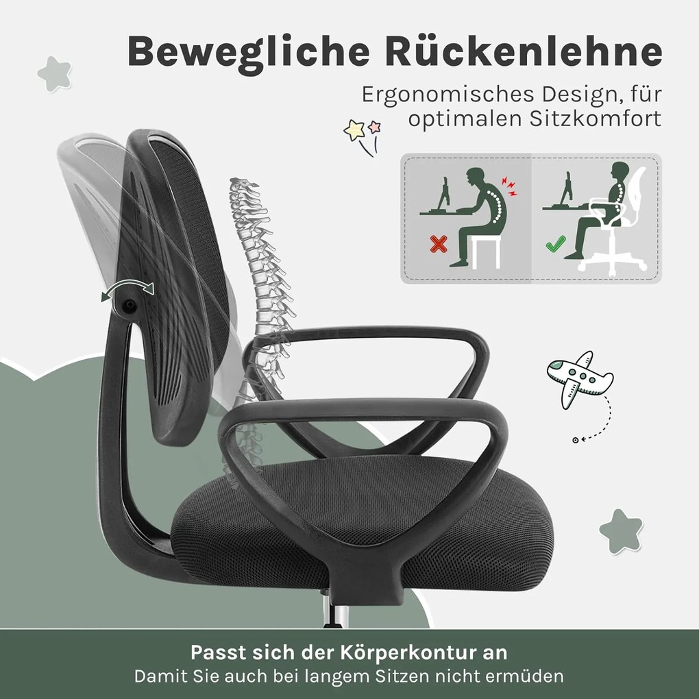 WOLTU Dětská otočná židle s područkami – ergonomická kancelářská židle, černá